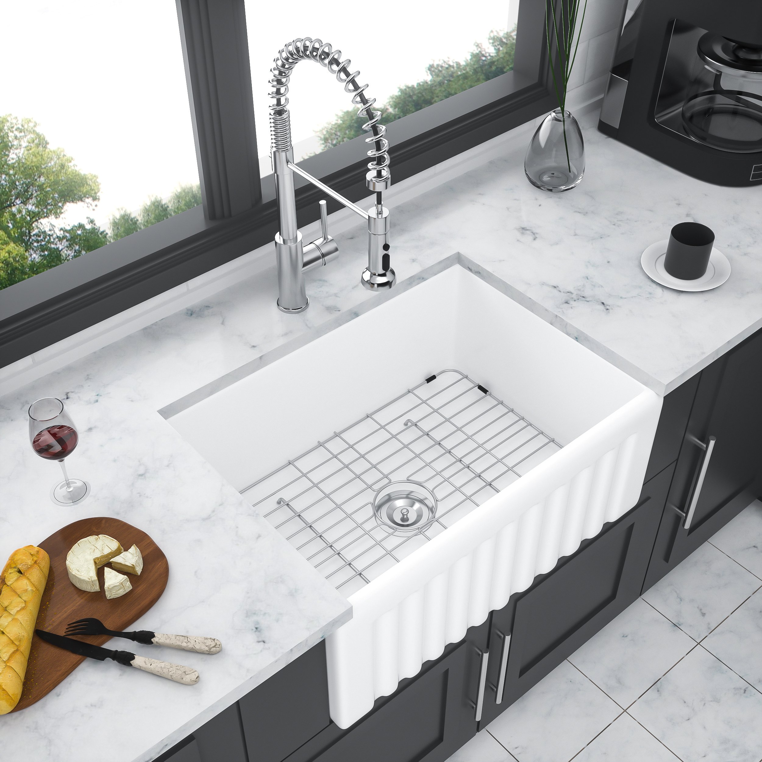 Ceramic White 24 inch Kitchen Single Bowl Farmhouse Sink Rectangular ...